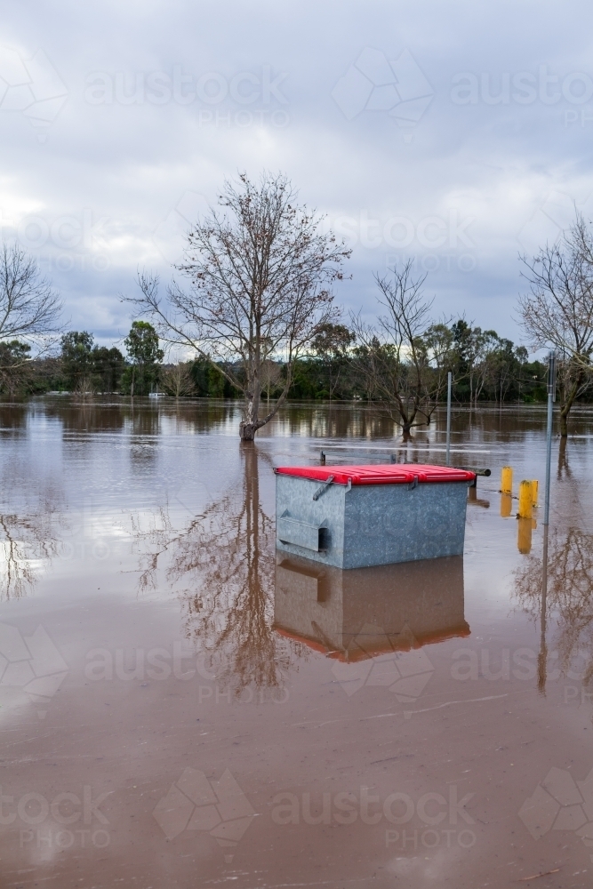 Image of Large skip bin in flood water - Austockphoto