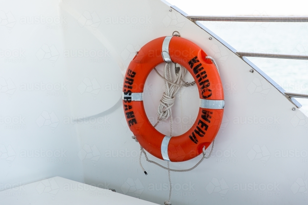 Image of life ring floatation device on a boat - Austockphoto