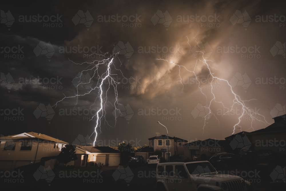 Image of Lightning storm in Sydney suburbs in bad weather - Austockphoto