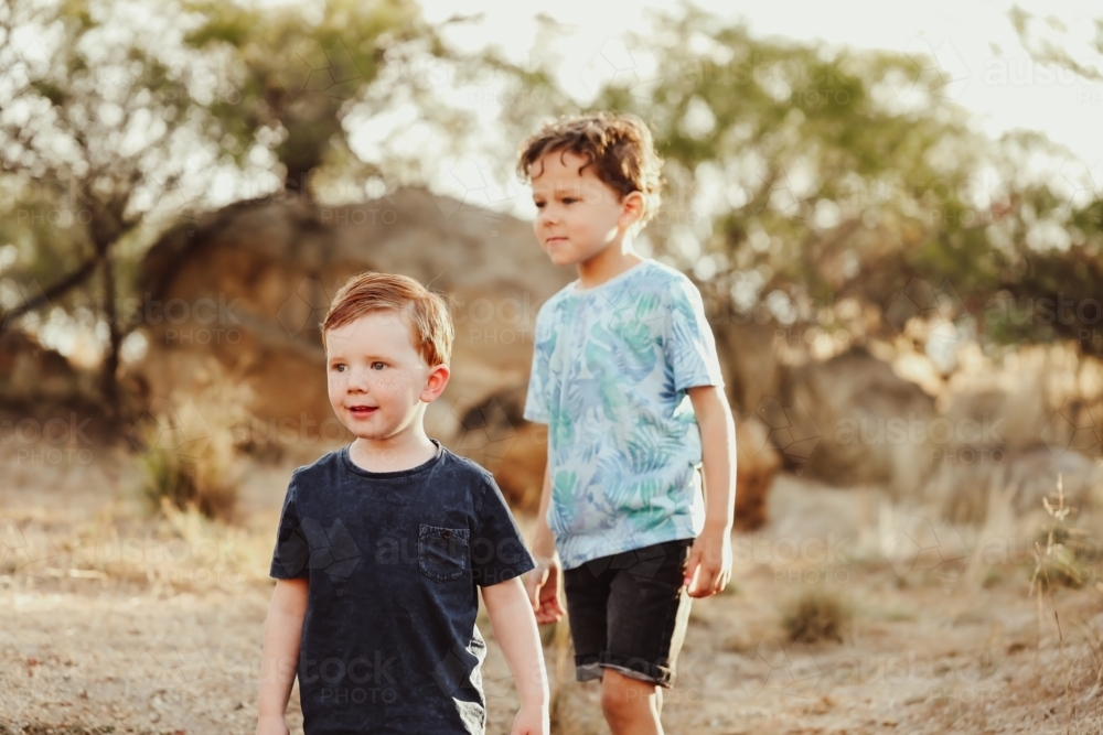 Image of Little boys exploring together in the Australian bush ...