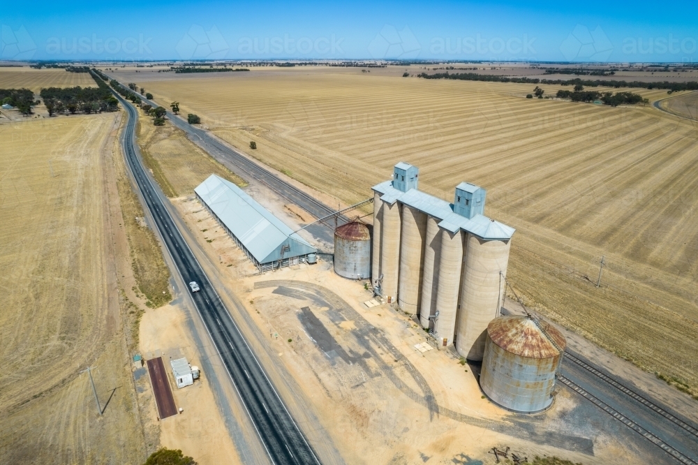 Image of Looking down at silos, grain storage and railway line in the ...