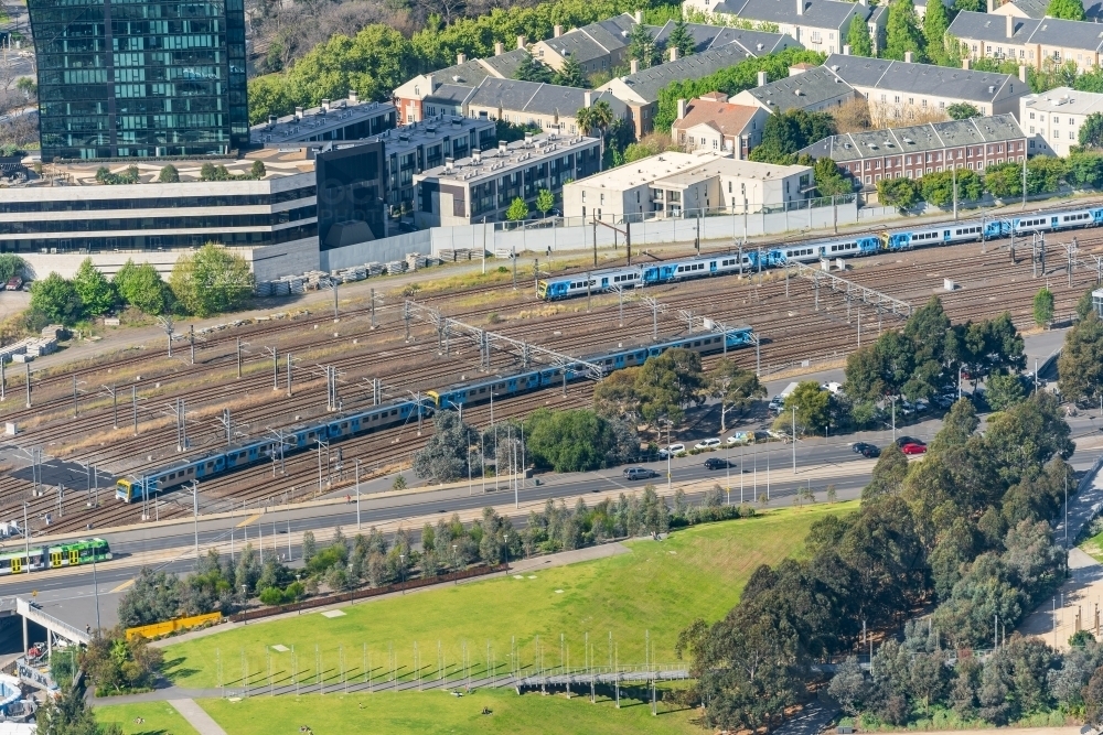 Image of Looking down on a distant railway yard with many railway lines ...