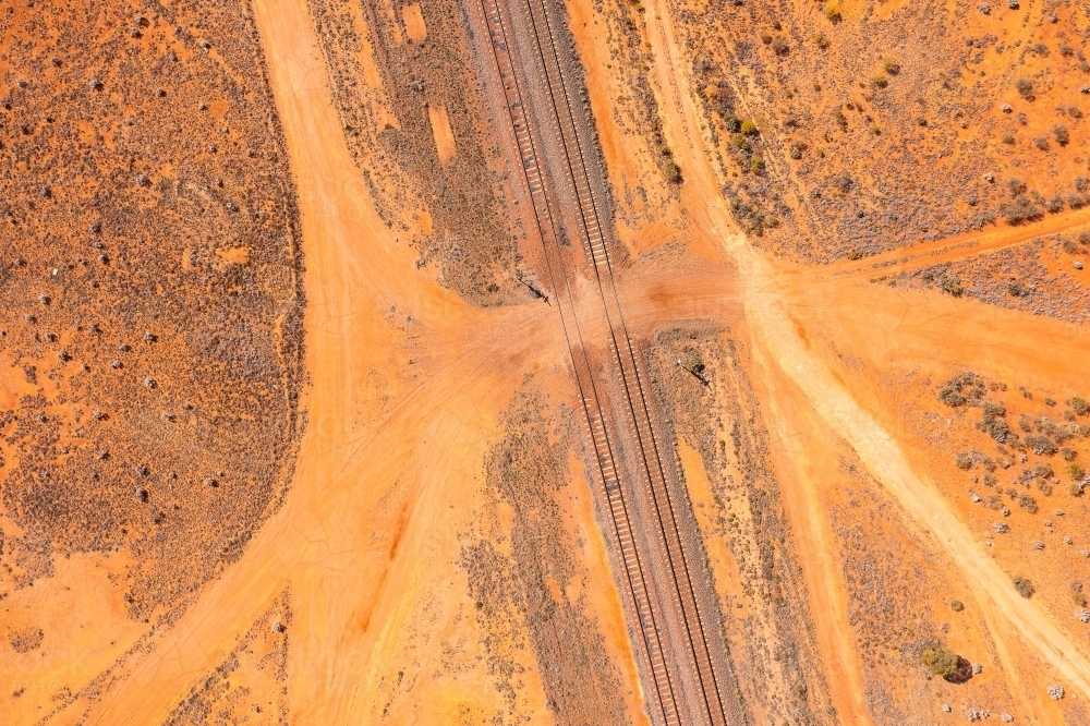 Image of looking down on railway line crossing in central australia ...