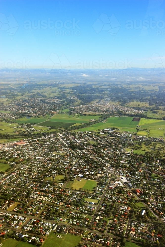 Image of Looking down on the town of Singleton from a plane - Austockphoto