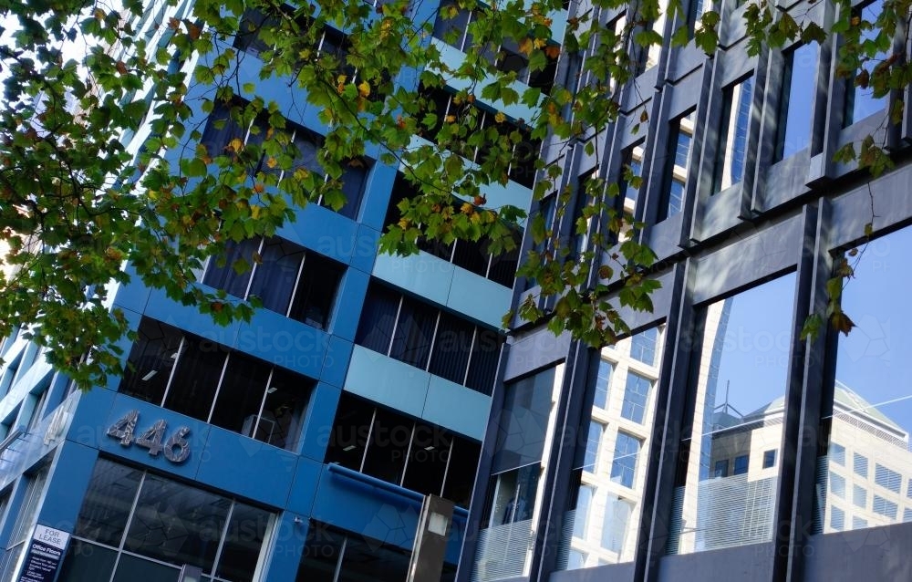 Image of Looking up at High Rise Buildings in Melbourne - Austockphoto