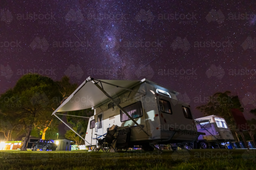Image of Low angled view of a caravan in a tourist park under the Milky ...