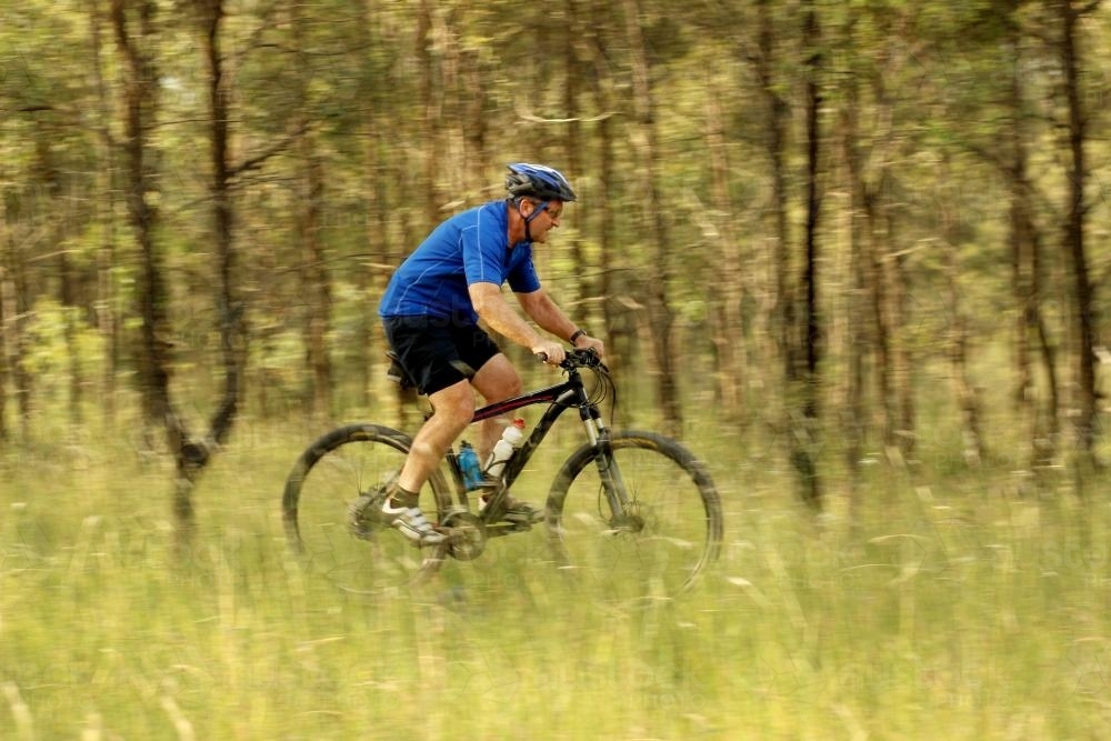 Image of Man riding his pushbike on a dirt track among trees - Austockphoto