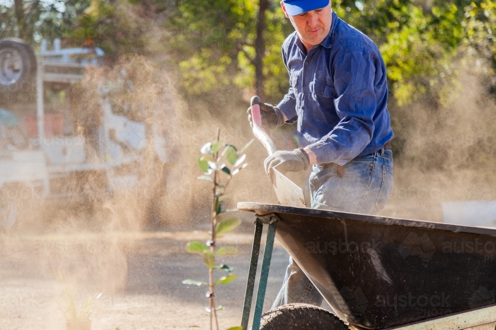 Image of Man shoveling dry dusty dirt into a wheelbarrow, gardening ...
