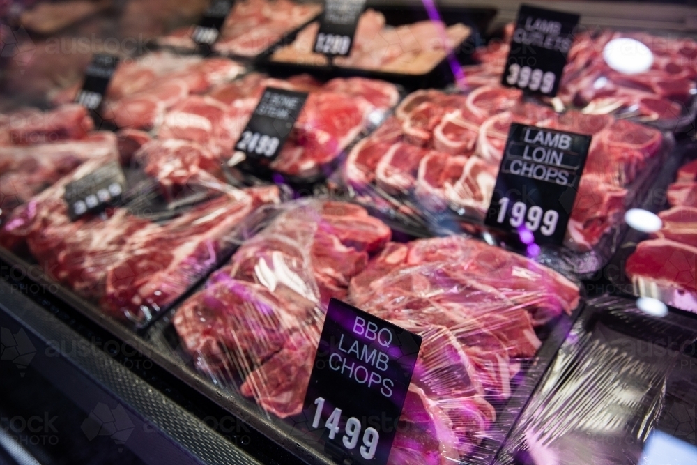 Image of meat with price tags in a butcher shop window - Austockphoto