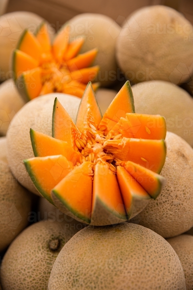 Image of melons for sale at a farmers market - Austockphoto