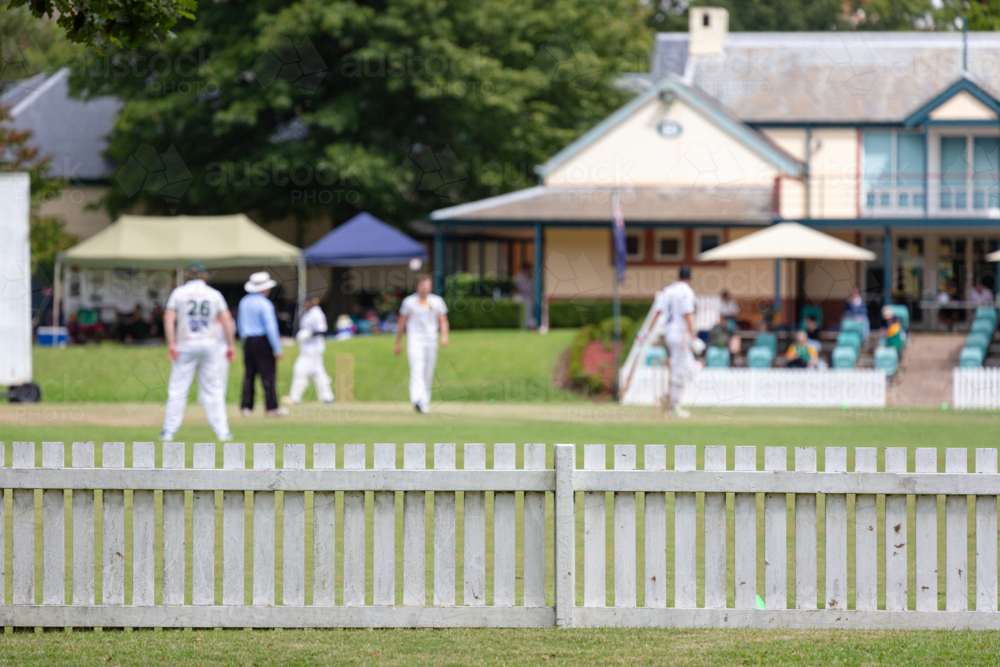 Image of Men playing cricket at Bradman Oval, Bowral - Austockphoto