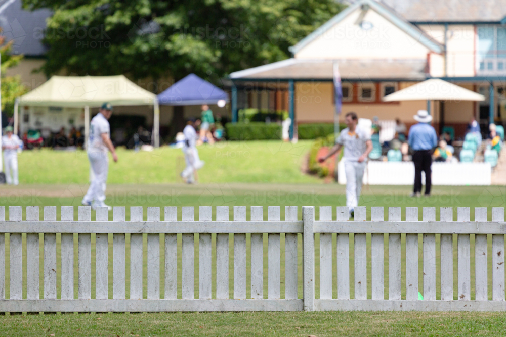 Image of Men playing cricket at Bradman Oval, Bowral - Austockphoto