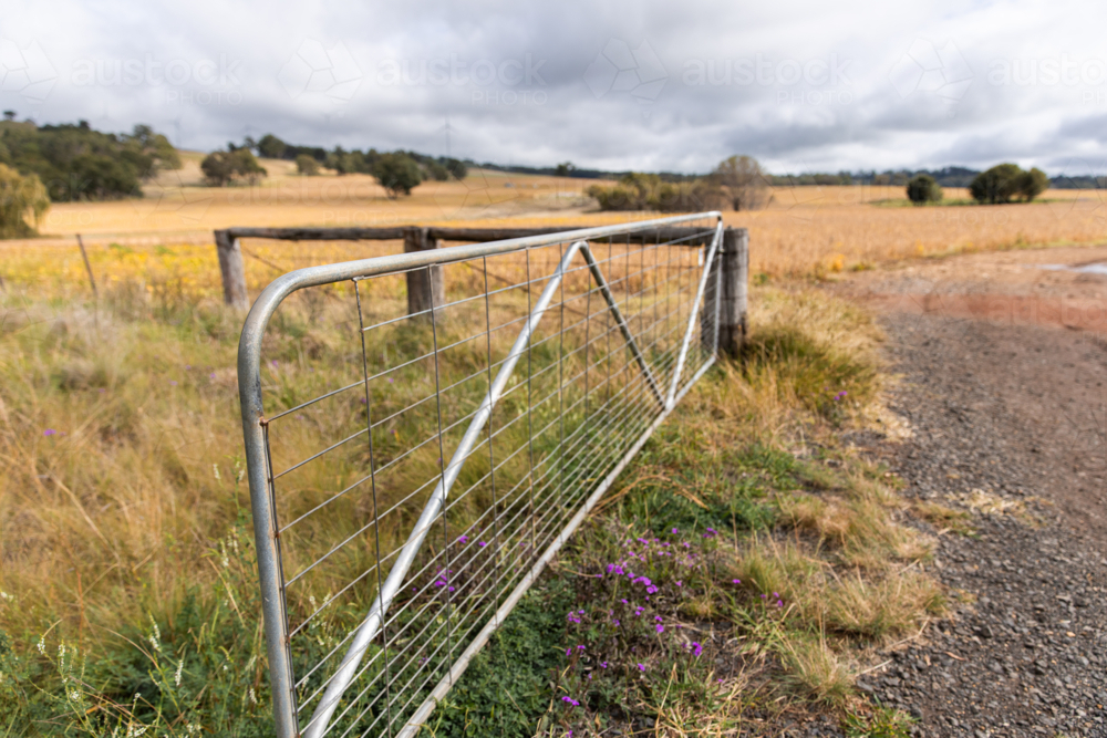 Image of metal farm gate in the countryside - Austockphoto