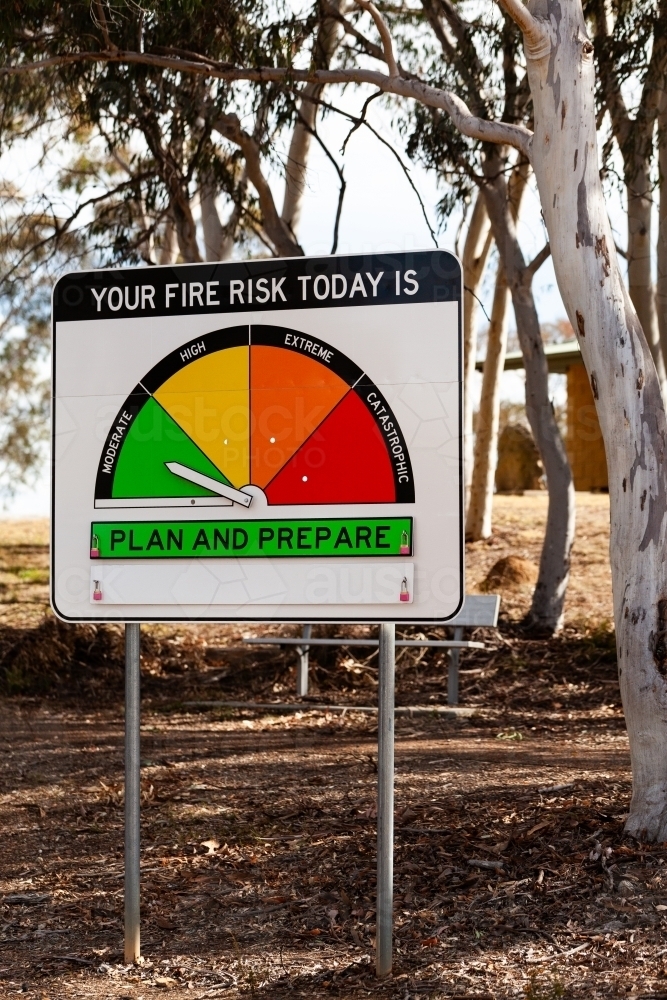 Image of Moderate fire risk plan and prepare on fire danger rating sign ...