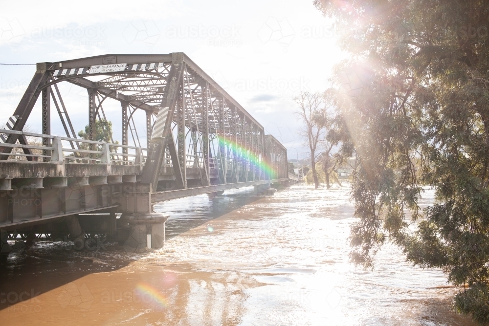 Image of Muddy brown flood water of Hunter River swirling under bridge ...