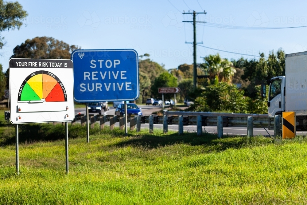 Image of New fire danger rating and stop revive survive signs beside ...