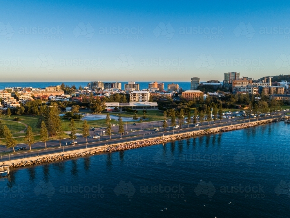 Image of Newcastle foreshore with park and city behind seen from aerial ...