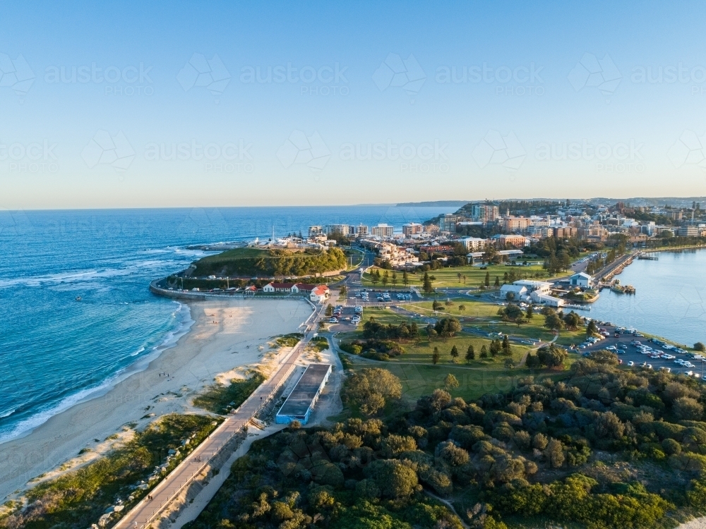 Image of Nobbys beach and parkland in Newcastle seen from aerial view ...