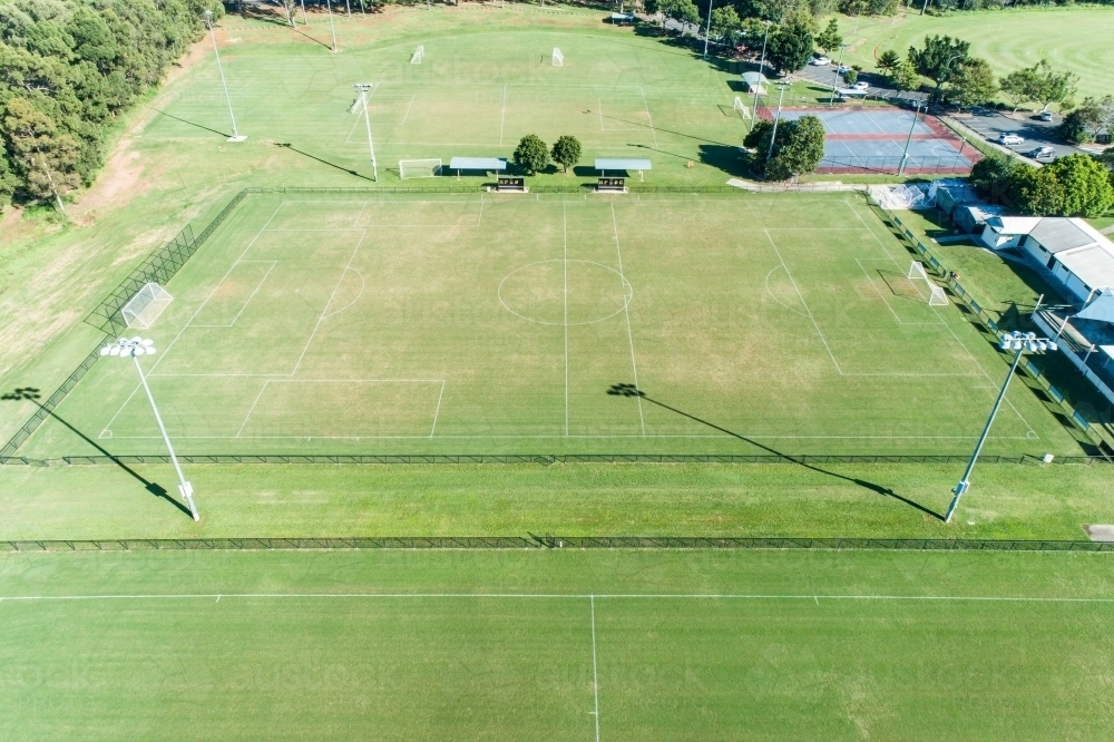 Image of Oblique aerial view of soccer football fields. - Austockphoto