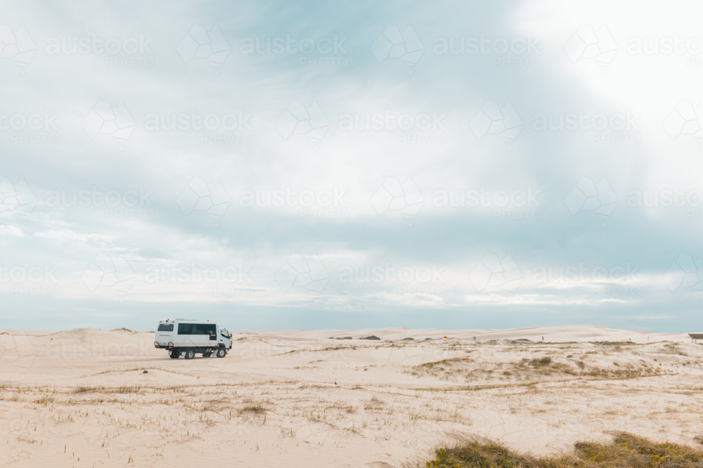 Image of Off-road tour bus on the sand dunes at Birubi Beach, Port ...