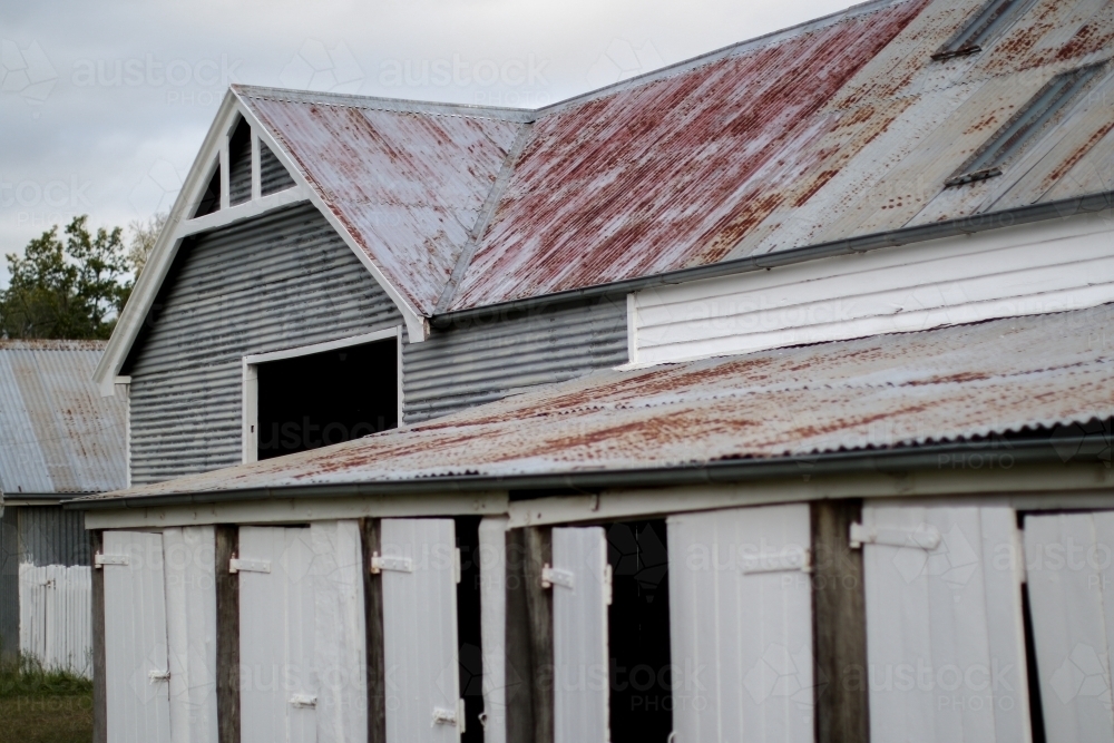 Image of Old weathered work shed with timber doors and corrugated iron ...