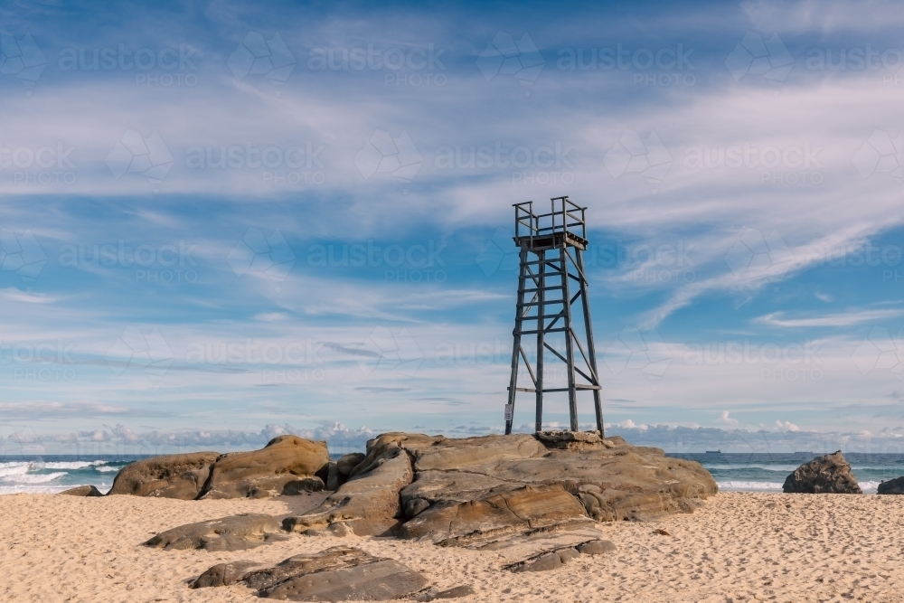 Image of Old wooden lifeguard, shark lookout tower on Redhead Beach ...