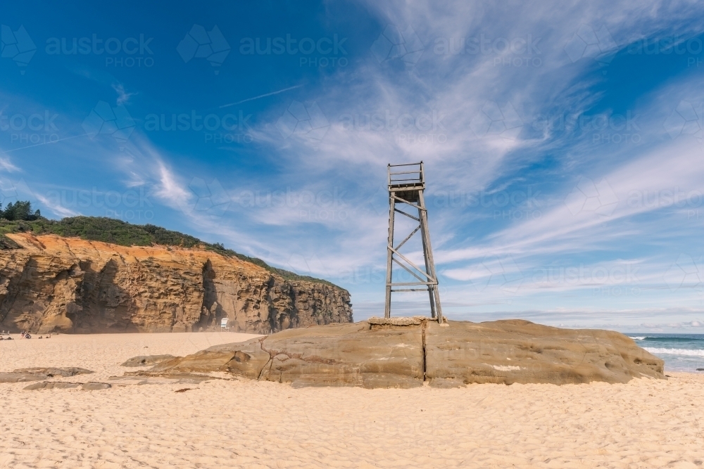 Image of Old wooden lifeguard, shark lookout tower on Redhead Beach ...