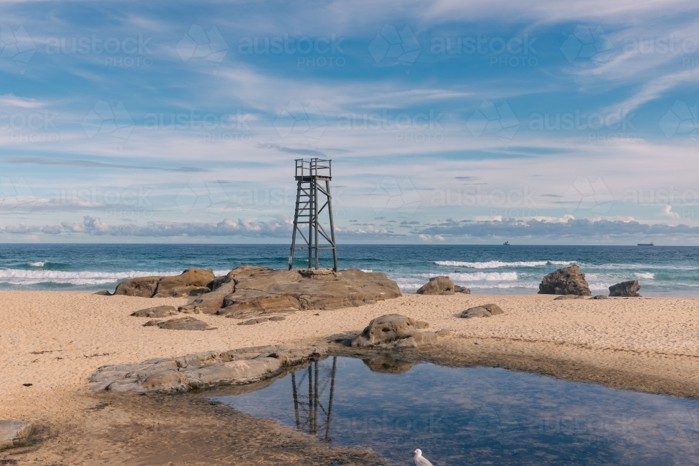 Image of Old wooden lifeguard, shark lookout tower on Redhead Beach ...
