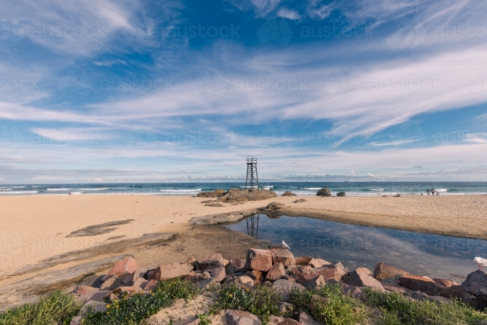 Image of Old wooden lifeguard, shark lookout tower on Redhead Beach ...