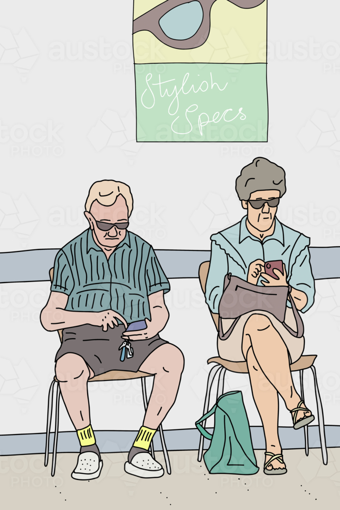 Image of Older man and woman in optometrist waiting room - Austockphoto