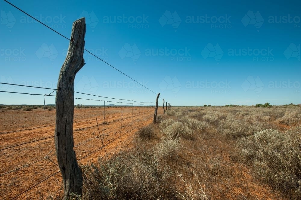 Image of outback fence line beside a road - Austockphoto