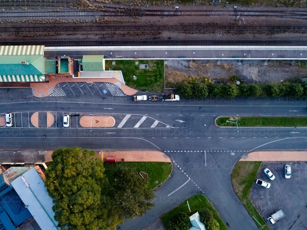 Image of Overhead aerial view of train station in singleton - Austockphoto