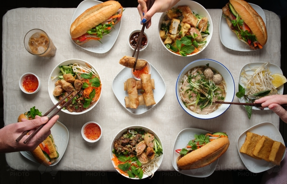Image of Overhead food shot of different Vietnamese food variety ...