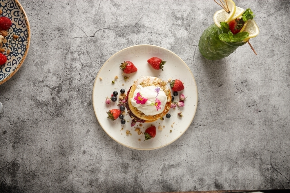 Image of Overhead shot of pancakes, and ice cream dessert - Austockphoto