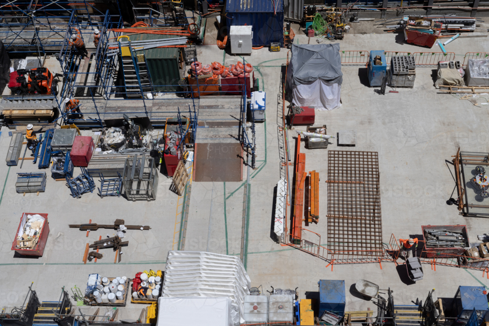 Image of Overhead view of a construction site with workers - Austockphoto