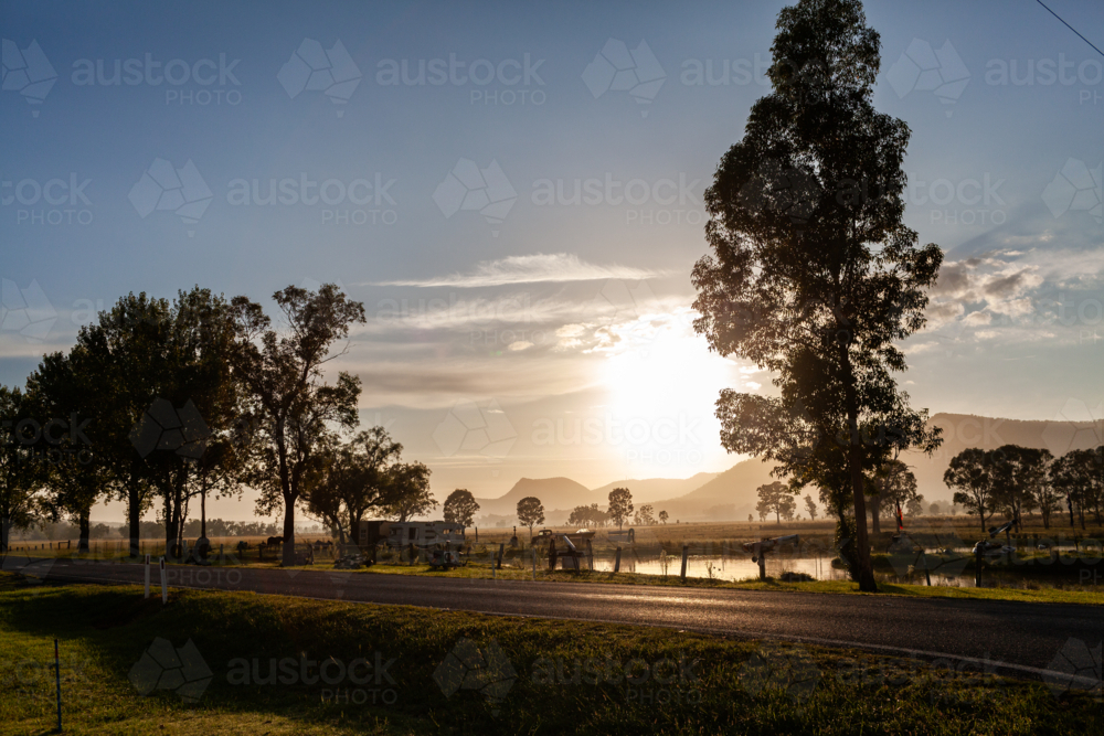 Image of Paddock landscape with misty sunrise over dam and pastureland ...