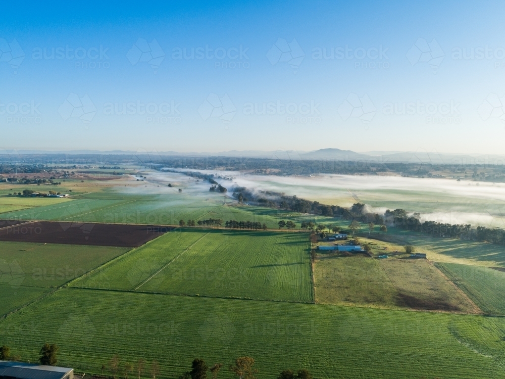 Image of Paddocks of green crops and farm house beside river with mist ...