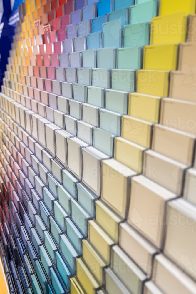Image of paint colour samples on display in a store - Austockphoto