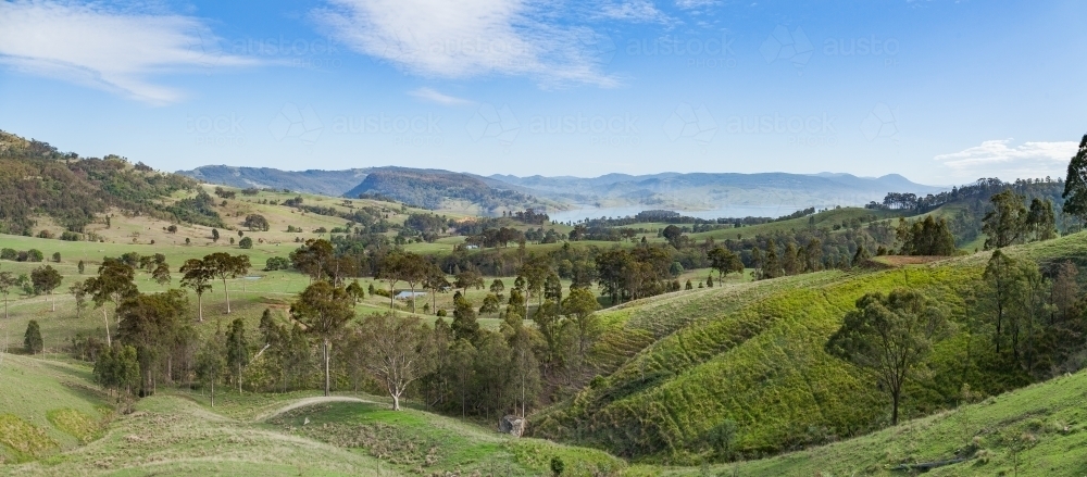 Image of Panorama of valleys and trees in green paddock with lake ...