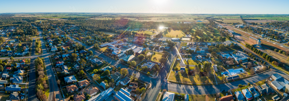 Image of Panoramic aerial view of country town homes on sunny morning ...