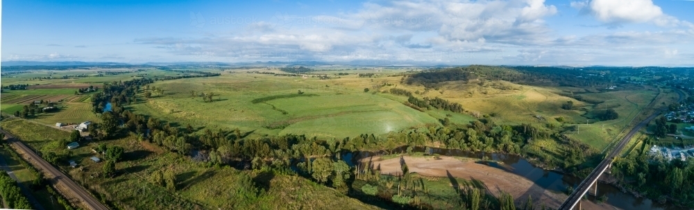 Image of Panoramic aerial view of hunter river through farm landscape ...