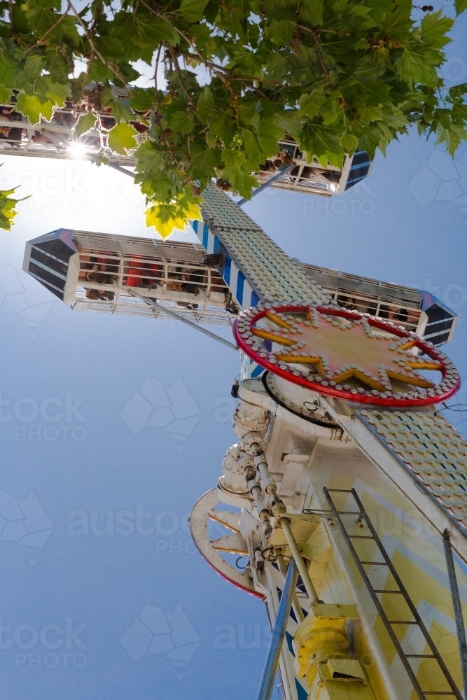 Image of People upside down on a ride at a local show - Austockphoto