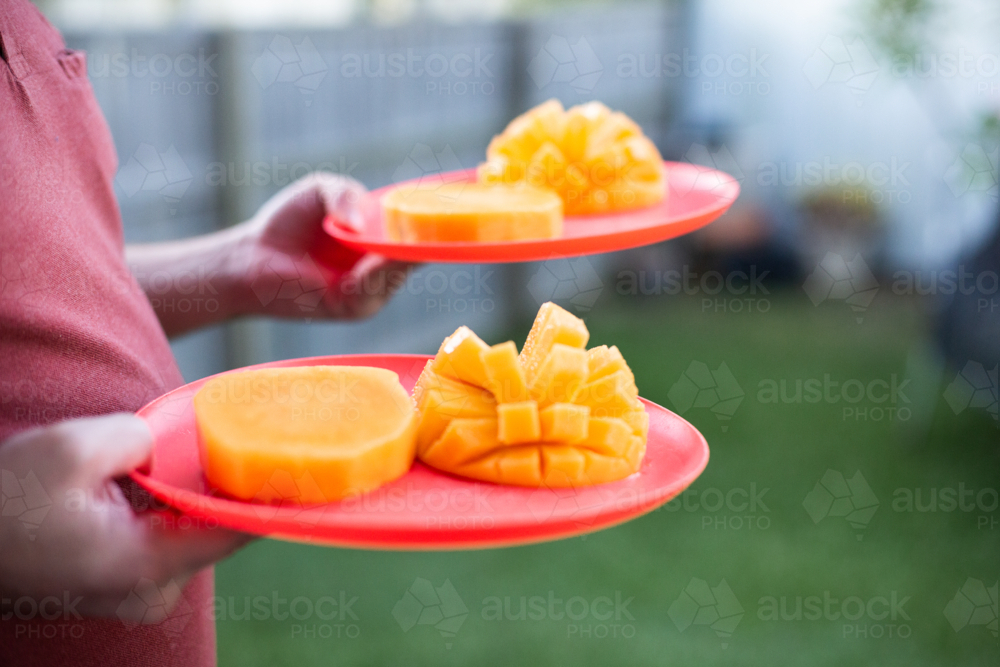 Image of person holding two plates of mango in the back yard - Austockphoto