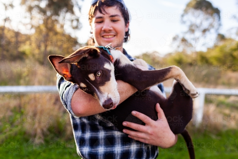 Image of pet Australian Kelpie puppy dog in arms of smiling young ...