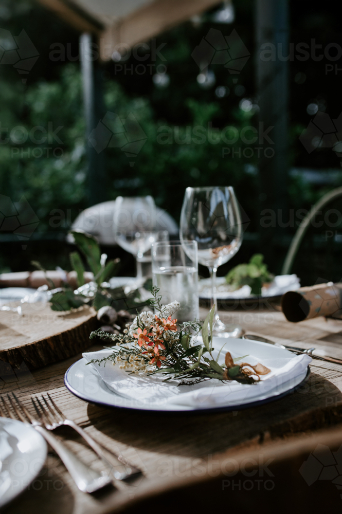 Image of Plate setting for Christmas dinner outdoors - Austockphoto