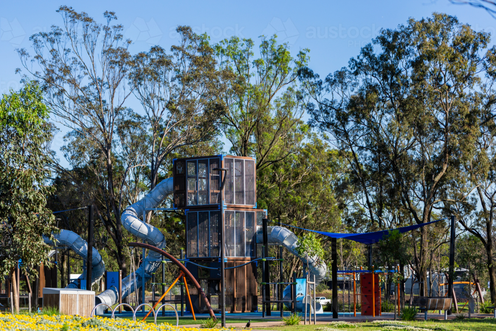 Image of Play equipment at Huntlee District Park One in morning light ...