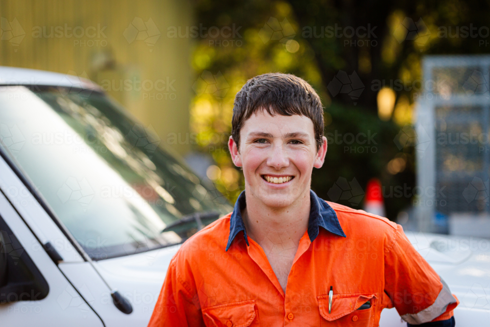 Image of Portrait headshot of happy smiling young male trade apprentice ...