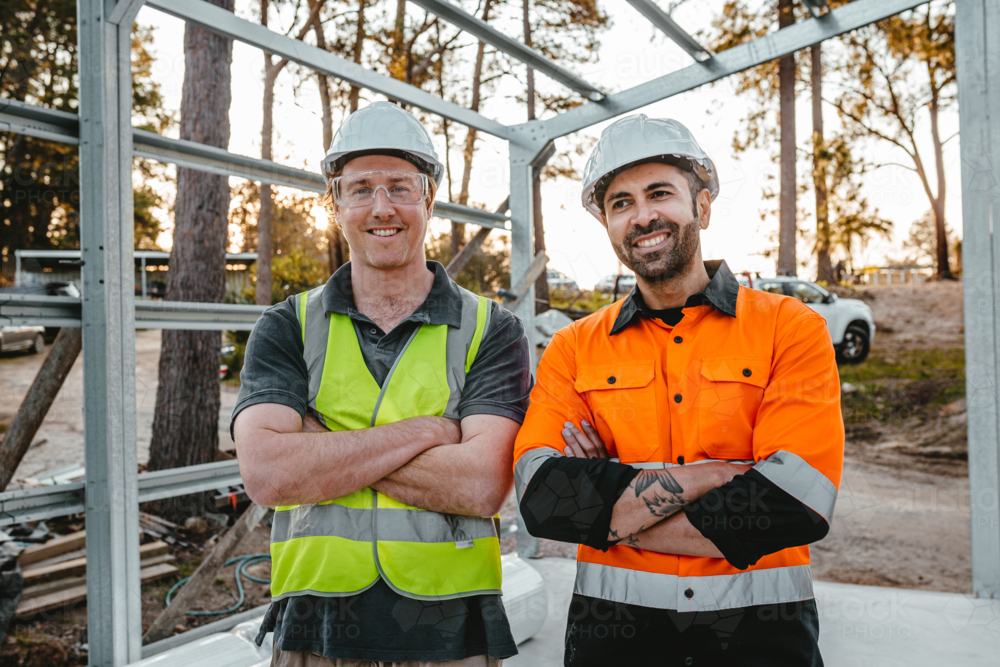 Image of Portrait of builders with arms crossed at the construction ...
