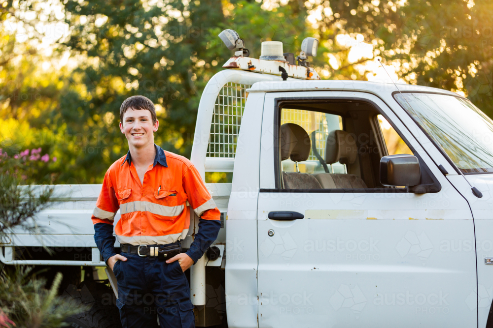 Image of Portrait of happy young Australian teen bloke with his ute in ...
