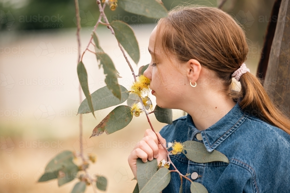 Image of Portrait of pre-teen girl standing under gum tree with vibrant ...